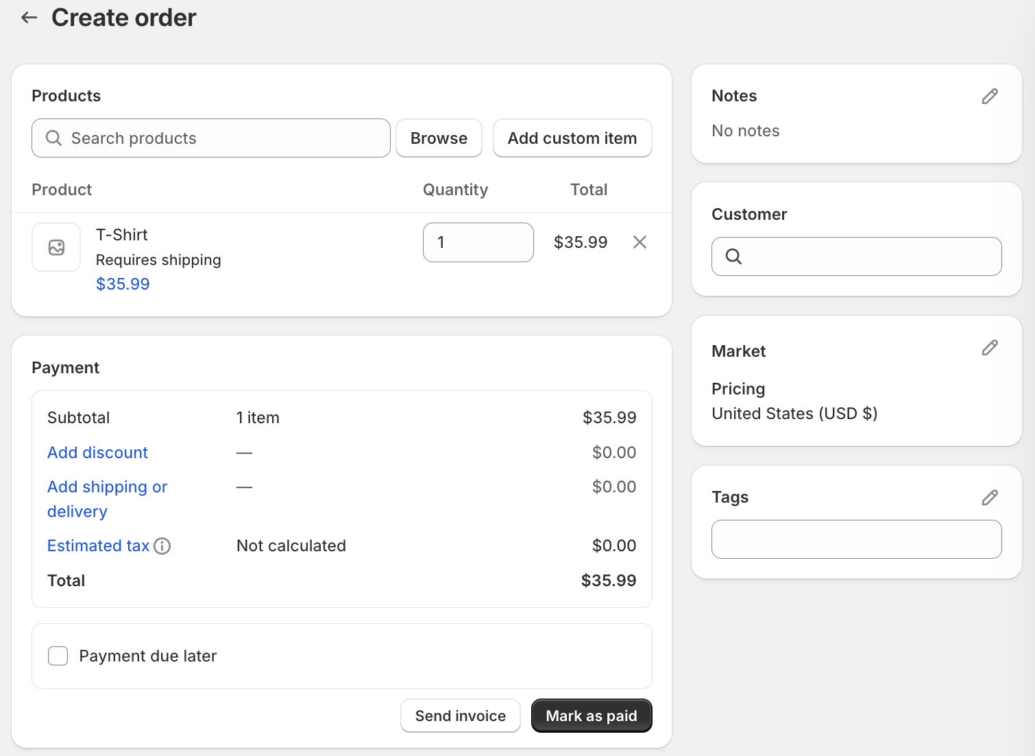 Creating a draft order in the Shopify admin