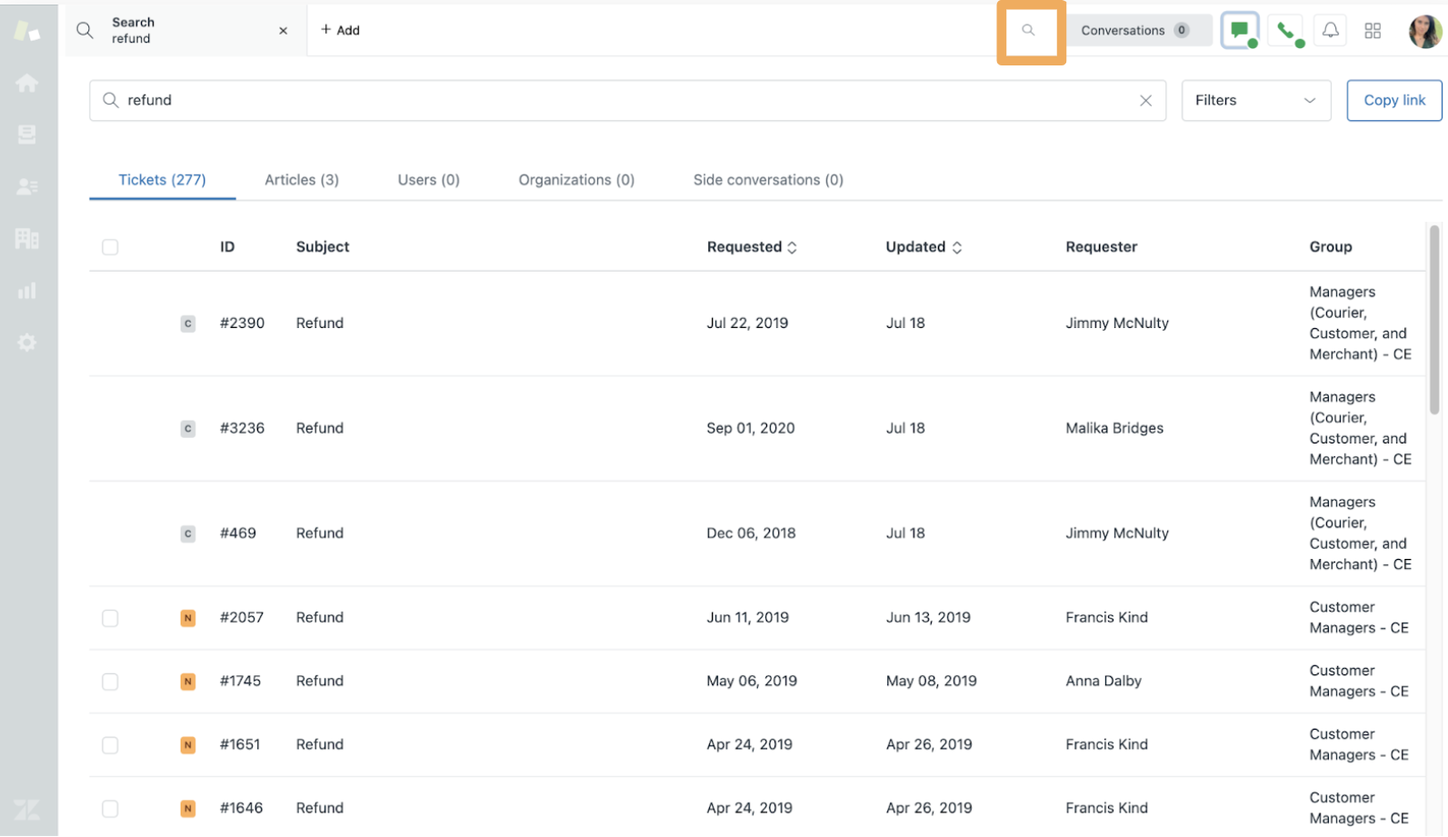 Use views, play, and search to find tickets